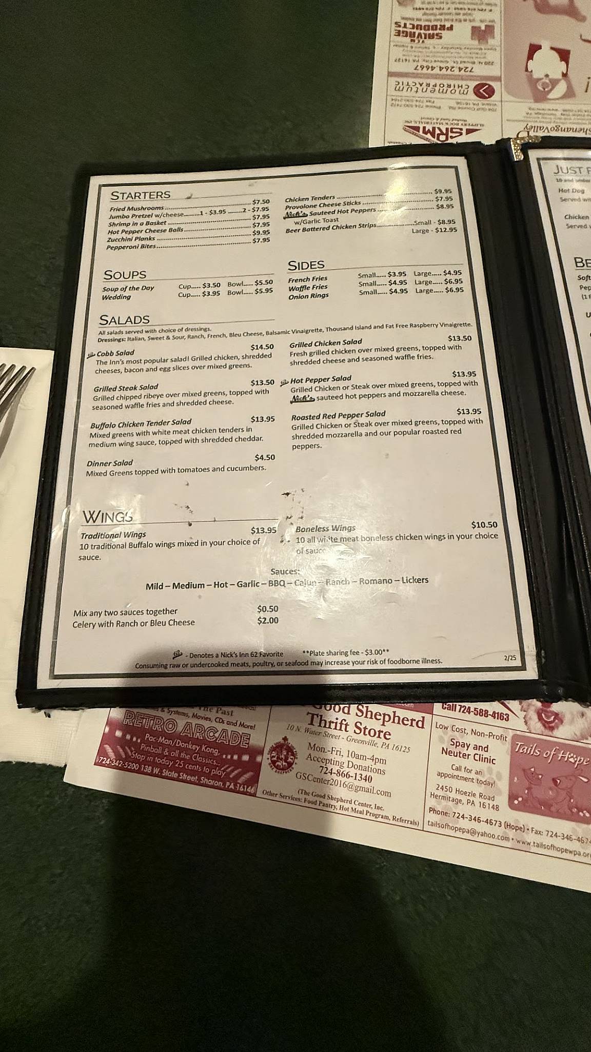 Menu at Nick's Inn 62 Restaurant and Tavern, Hermitage