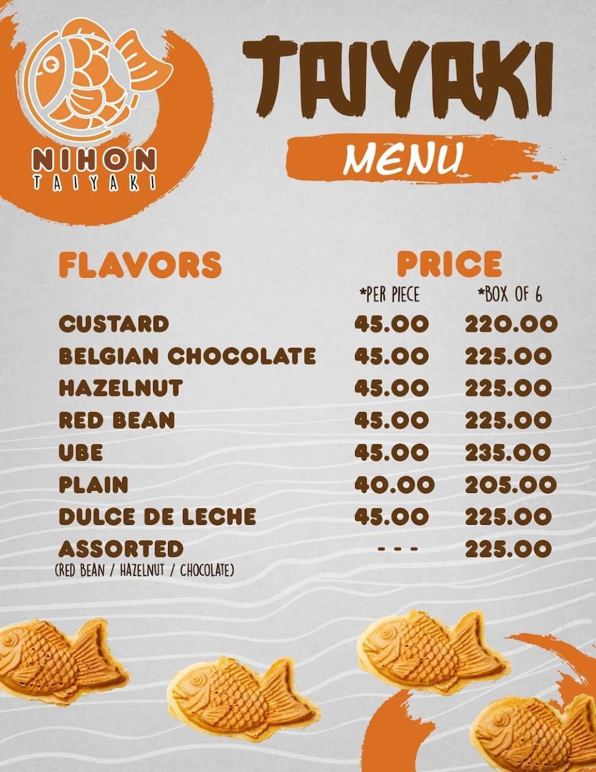 Menu at Nihon Taiyaki desserts, Muntinlupa, 19 1771 St Clemente St