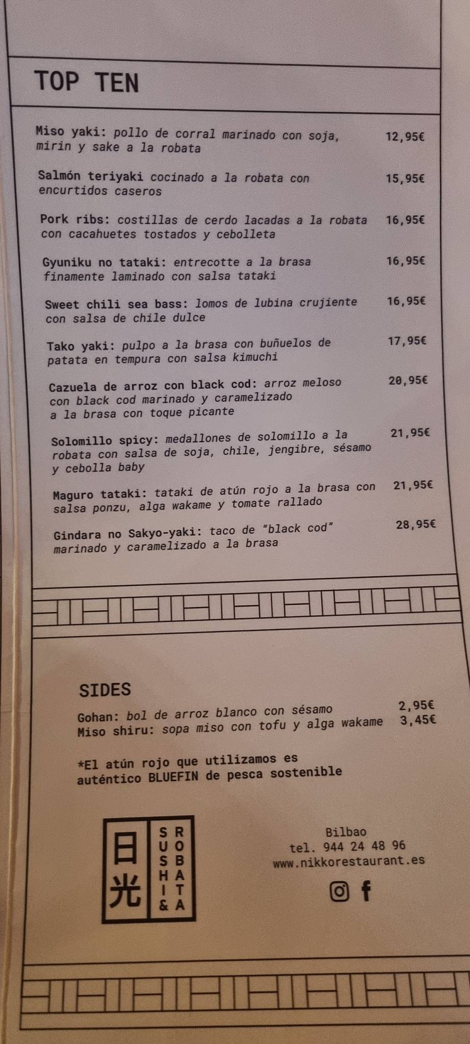 Menu at Nikko restaurant, Bilbao