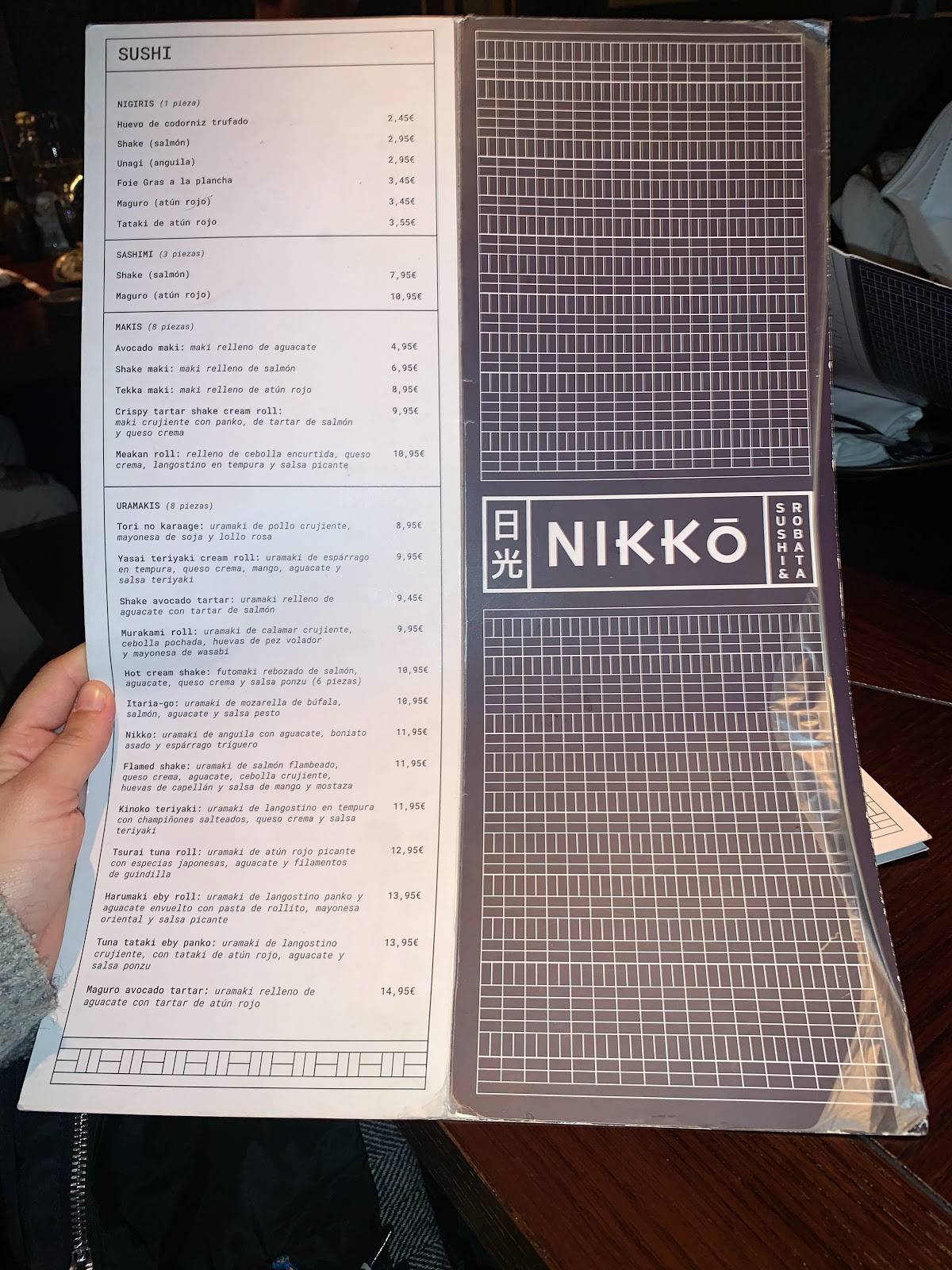 Menu at Nikko restaurant, Bilbao