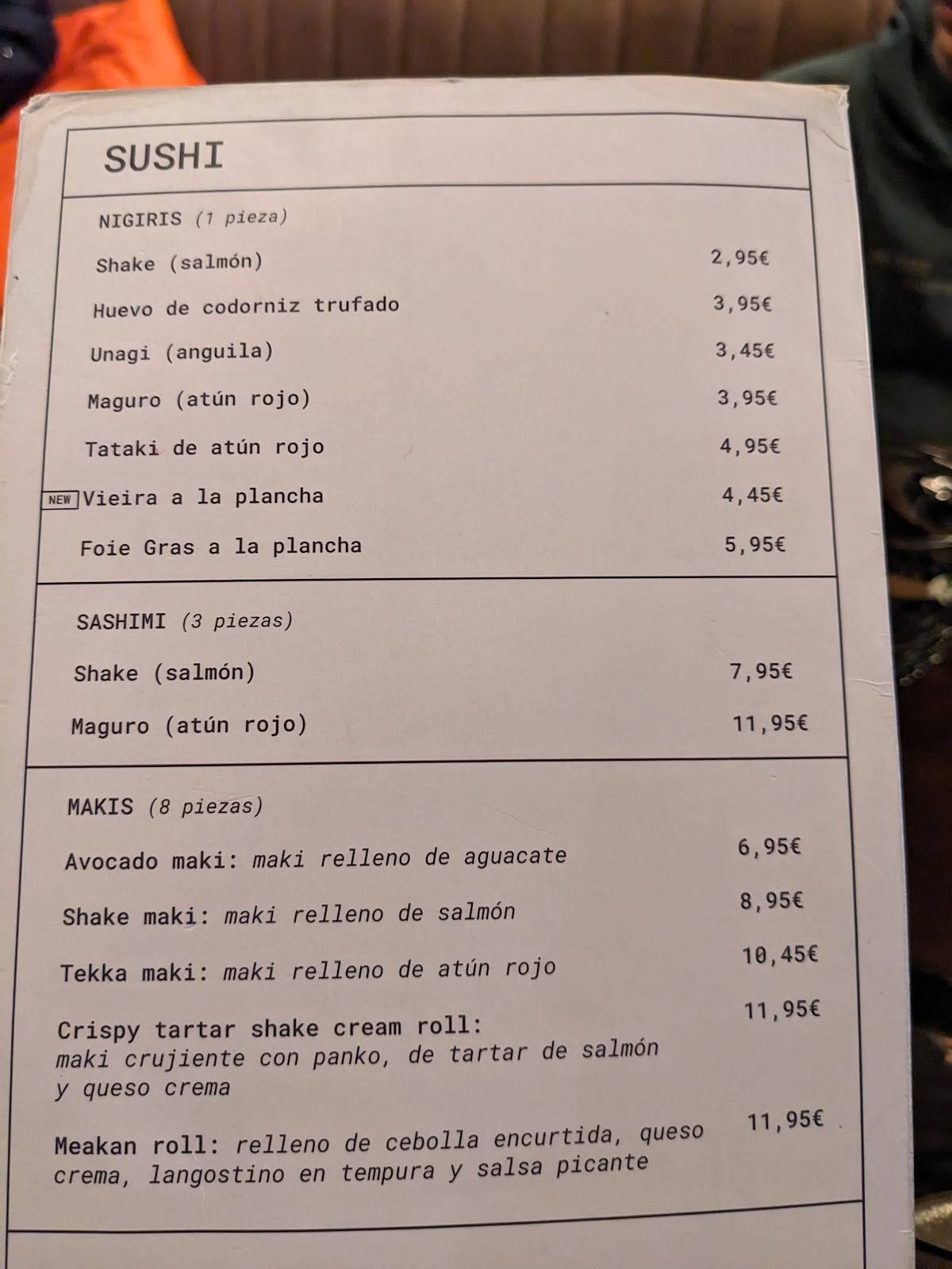 Carta del restaurante Nikko, Bilbao