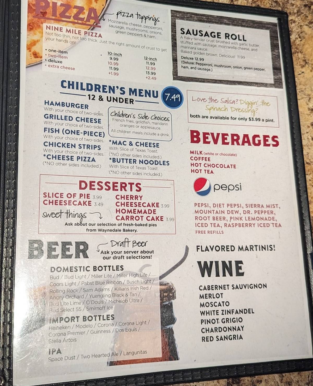 Menu at Nine Mile Restaurant, Fort Wayne