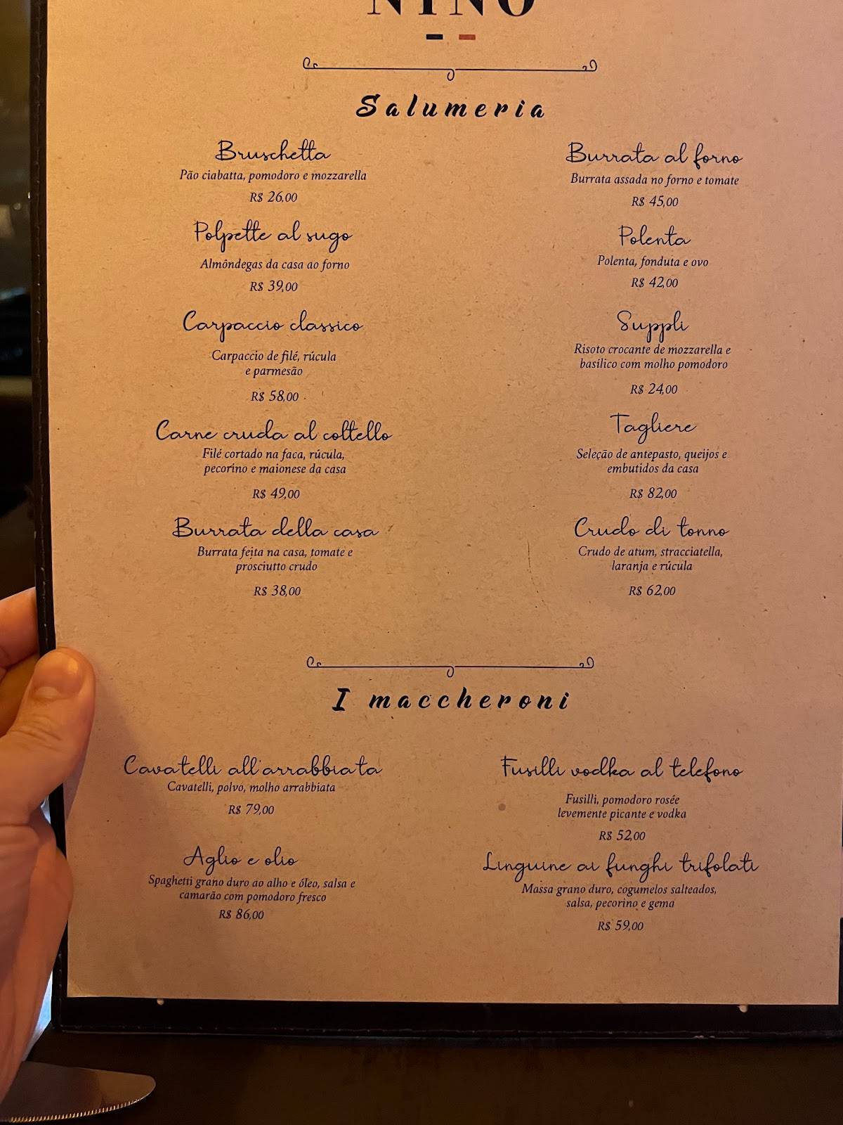 Menu em Nino Cucina & Vino restaurante, São Paulo, Rua Jeronimo da Veiga