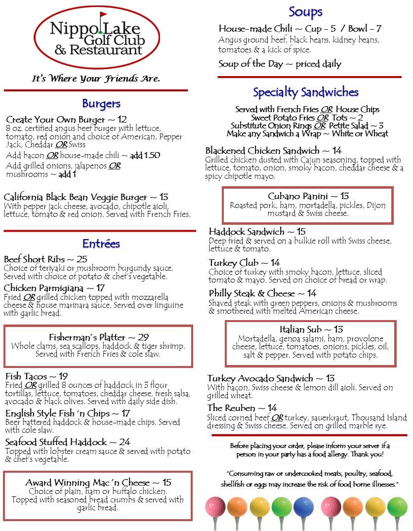 Menu at Nippo Lake Golf Club, Barrington, 88 Stagecoach Rd