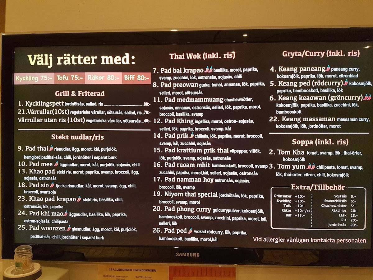 Menu at Niyom Thai restaurant, Gothenburg, Färgaregatan 4