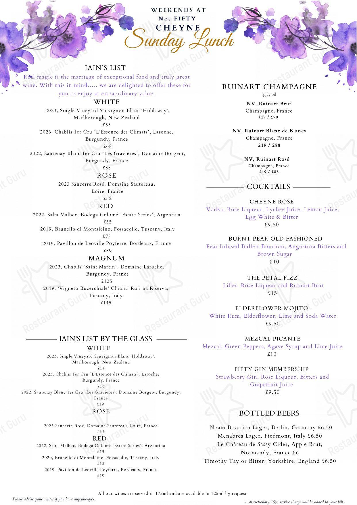 Menu at No. Fifty Cheyne pub & bar, London, 50 Cheyne Walk