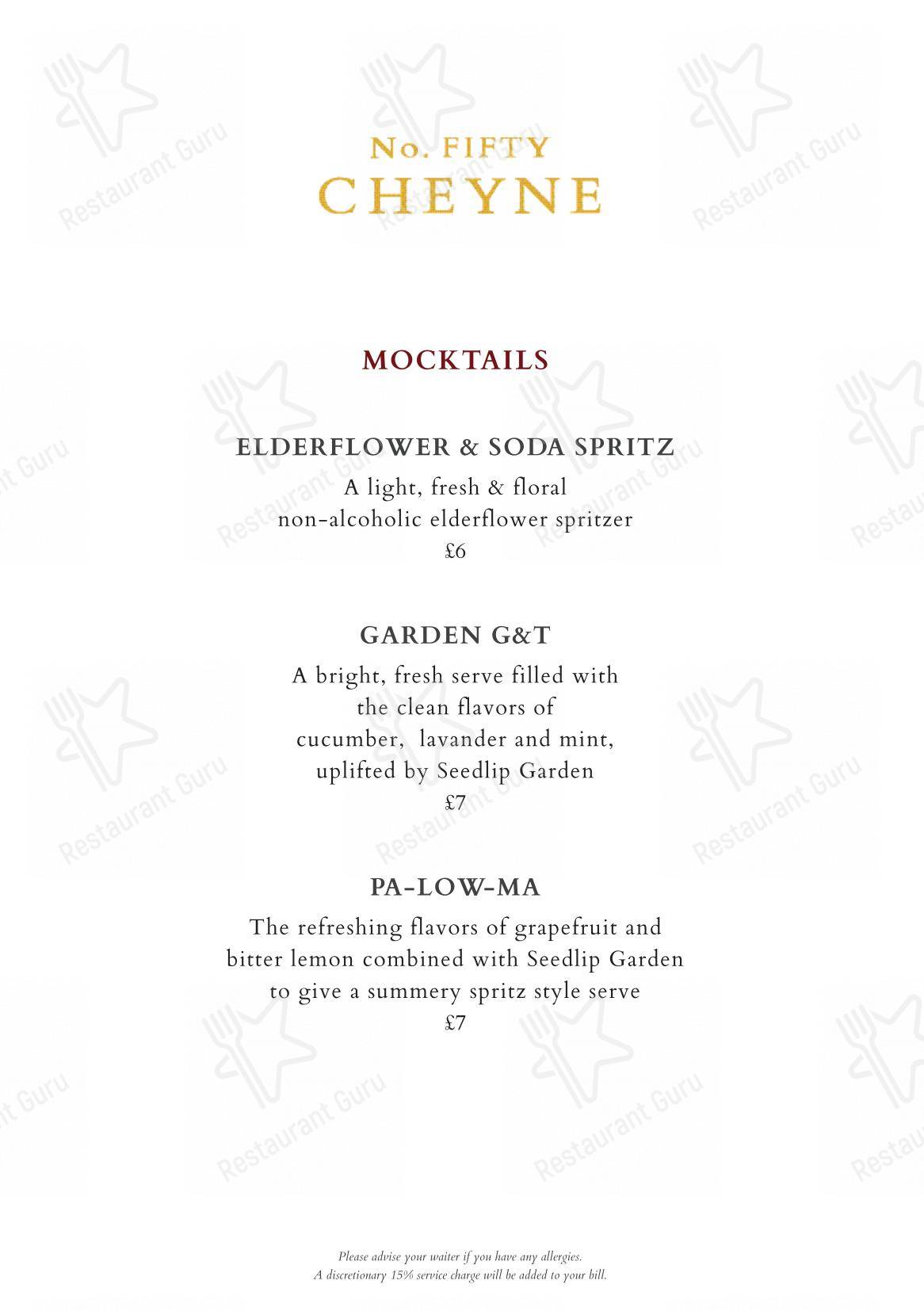 Menu at No. Fifty Cheyne pub & bar, London, 50 Cheyne Walk