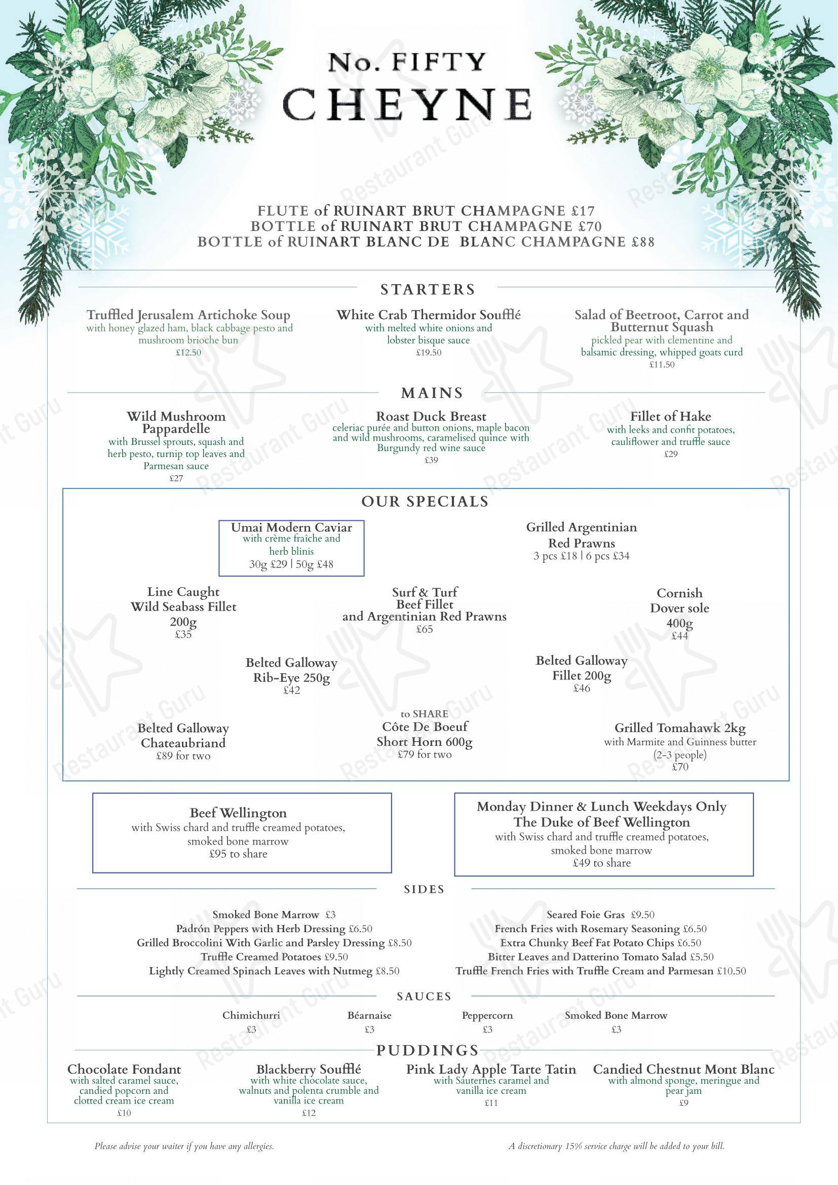 Menu at No. Fifty Cheyne pub & bar, London, 50 Cheyne Walk