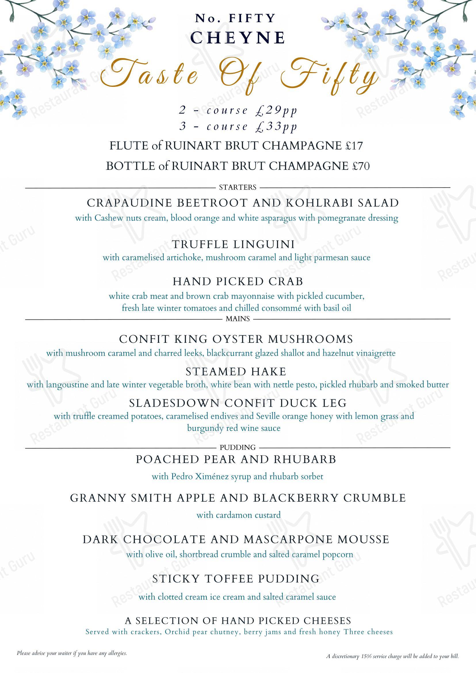 Menu at No. Fifty Cheyne pub & bar, London, 50 Cheyne Walk