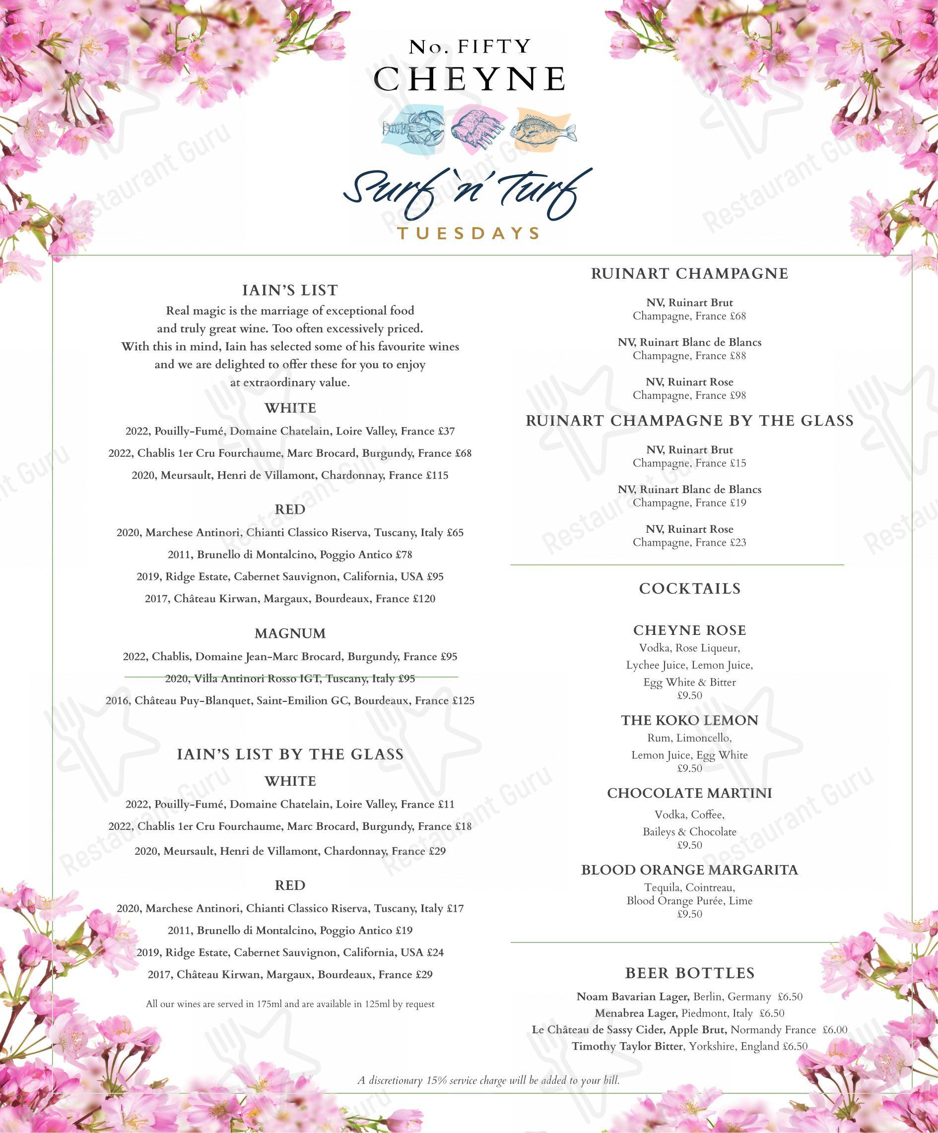 Menu at No. Fifty Cheyne pub & bar, London, 50 Cheyne Walk