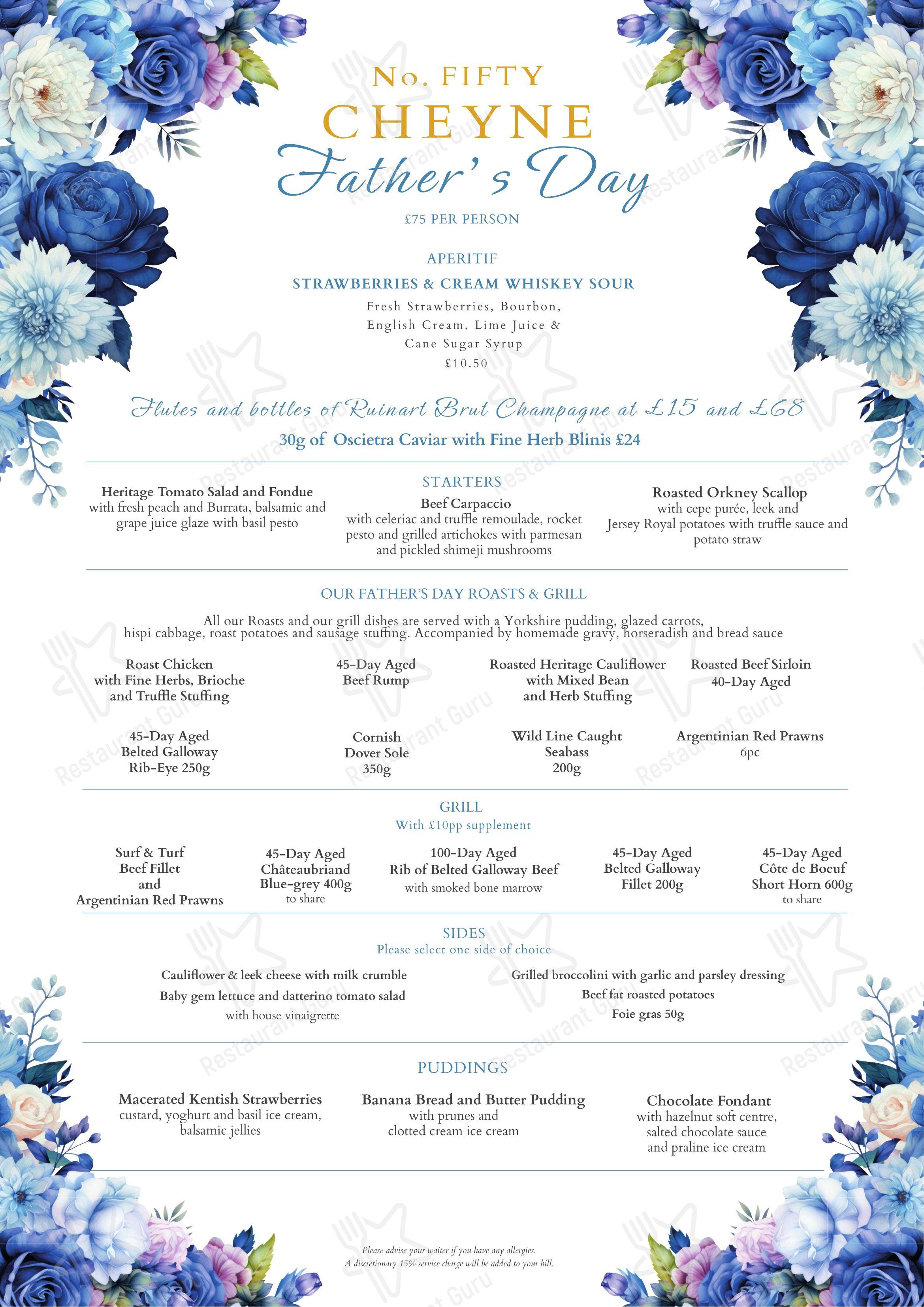 Menu at No. Fifty Cheyne pub & bar, London, 50 Cheyne Walk