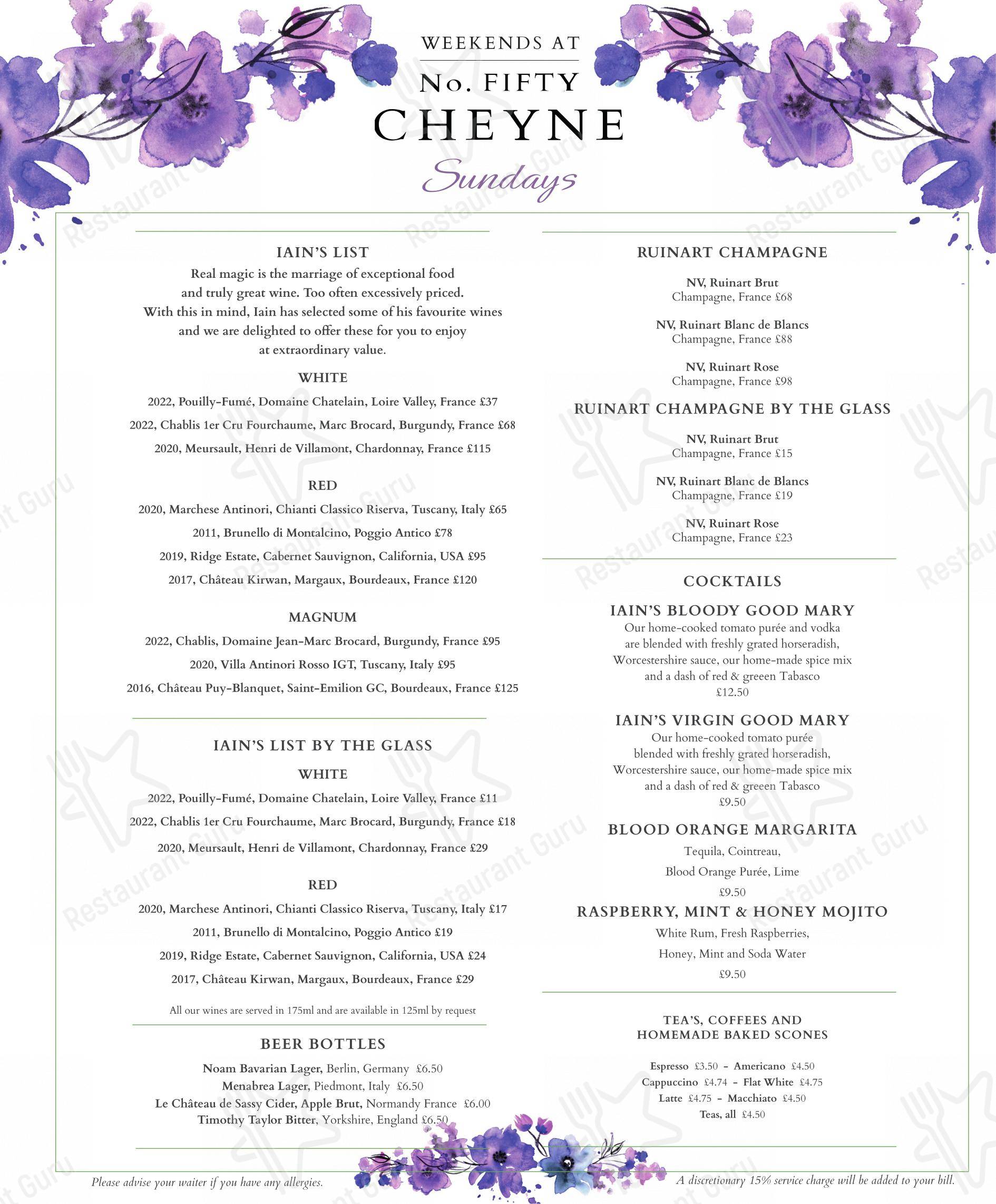 Menu at No. Fifty Cheyne pub & bar, London, 50 Cheyne Walk