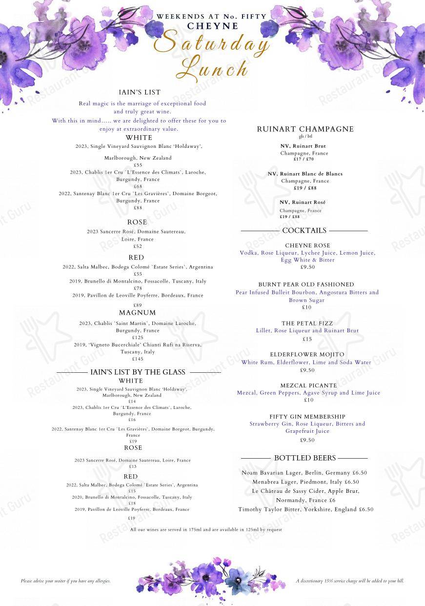 Menu at No. Fifty Cheyne pub & bar, London, 50 Cheyne Walk