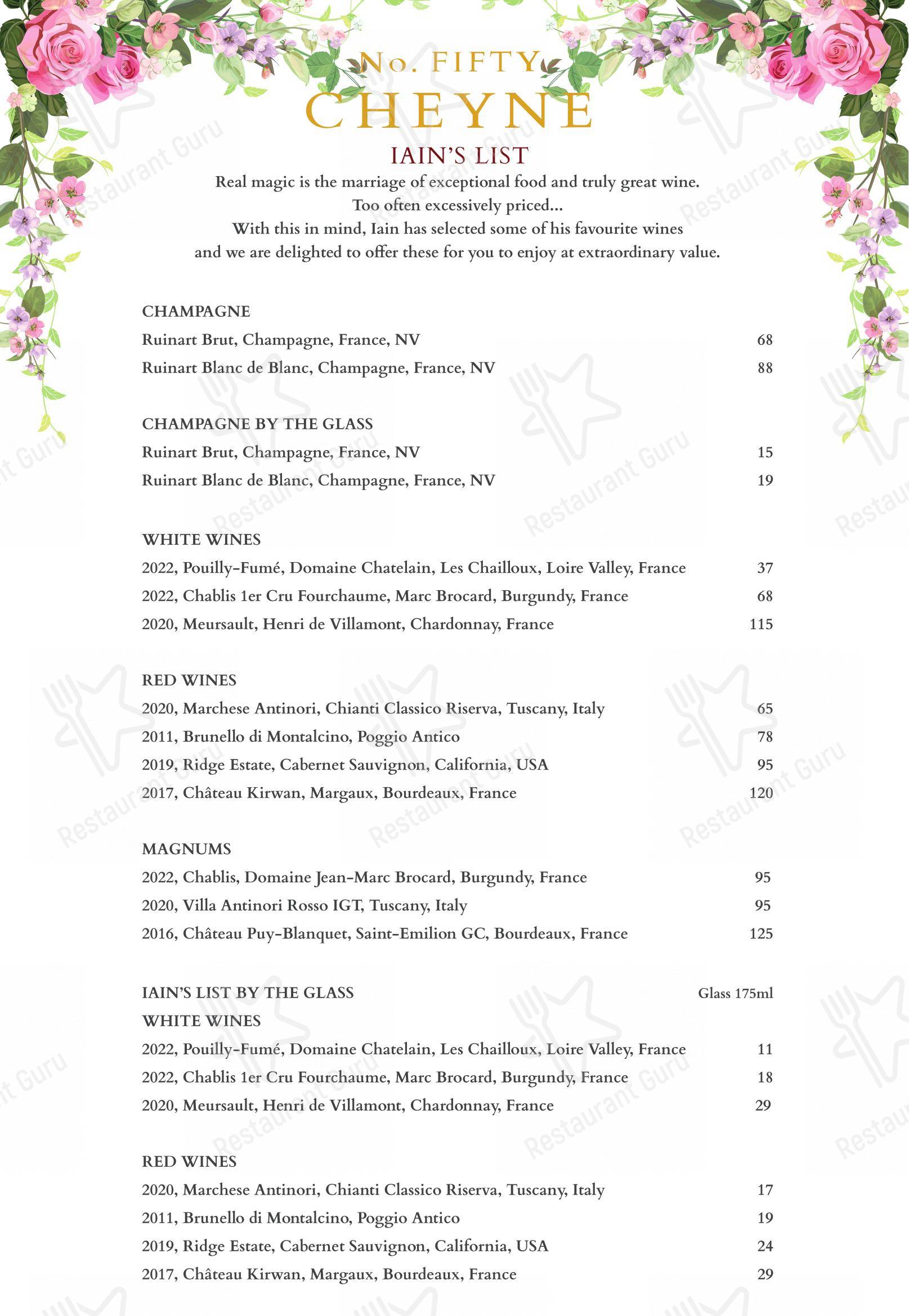 Menu at No. Fifty Cheyne pub & bar, London, 50 Cheyne Walk
