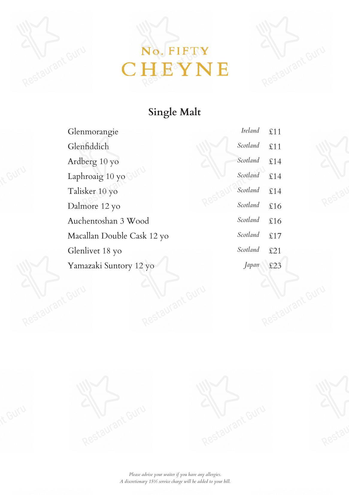 Menu at No. Fifty Cheyne pub & bar, London, 50 Cheyne Walk