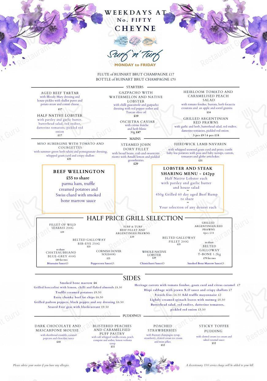 Menu at No. Fifty Cheyne pub & bar, London, 50 Cheyne Walk
