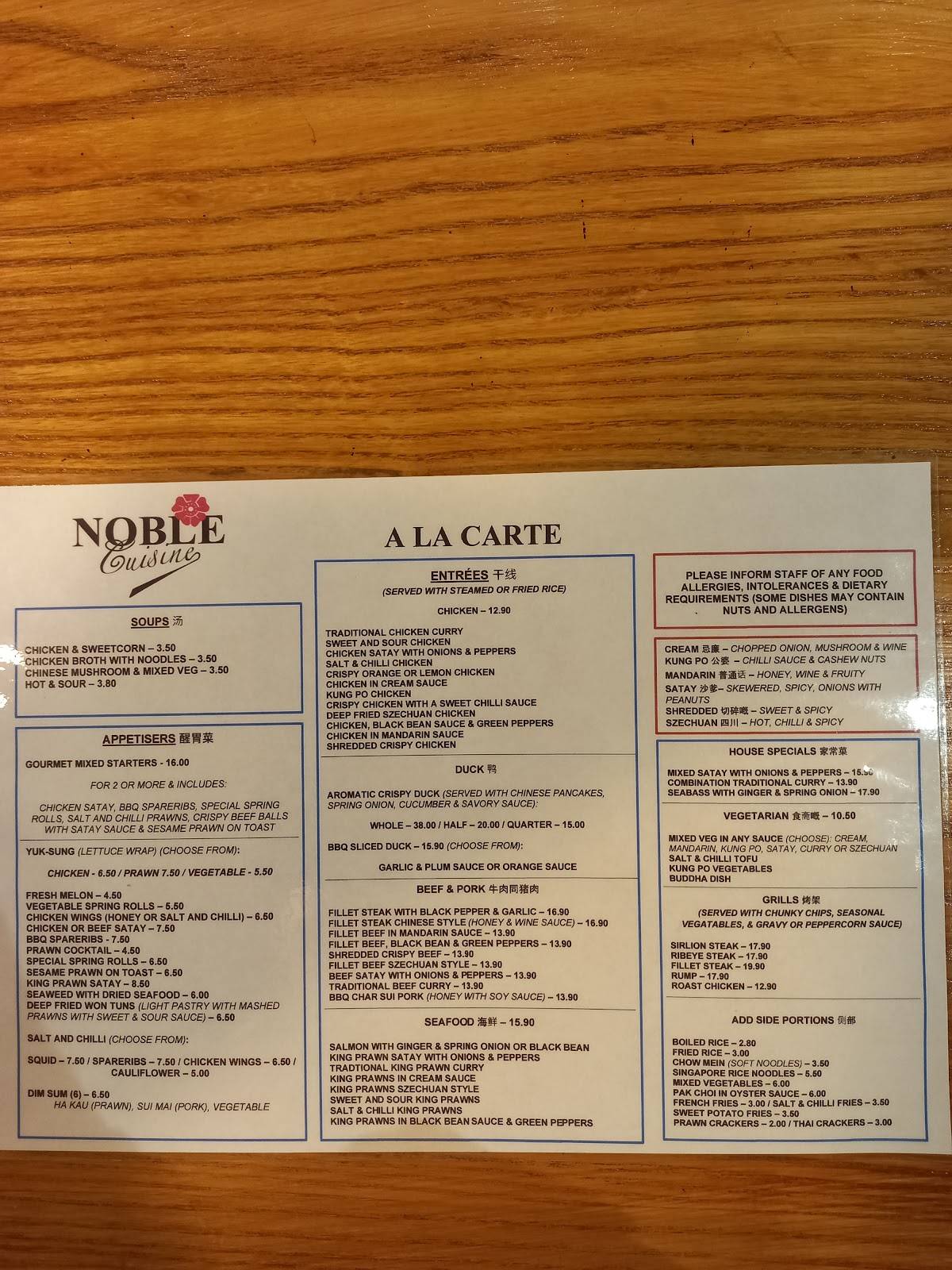 Menu at Noble Cuisine restaurant, Dunfermline