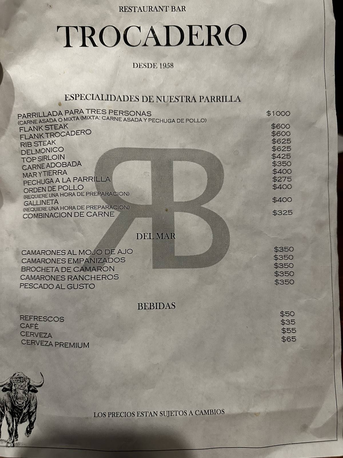 Menu at Trocadero steakhouse, Nogales