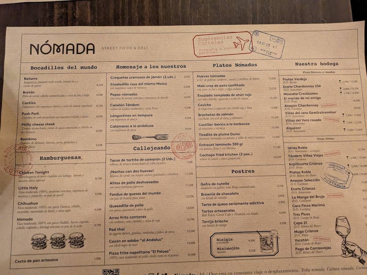 Carta del restaurante Nómada Street Food, Zaragoza