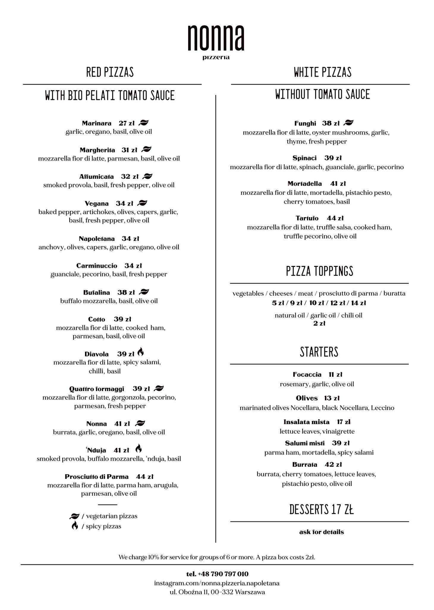 Menu at Nonna Pizzeria, Warsaw