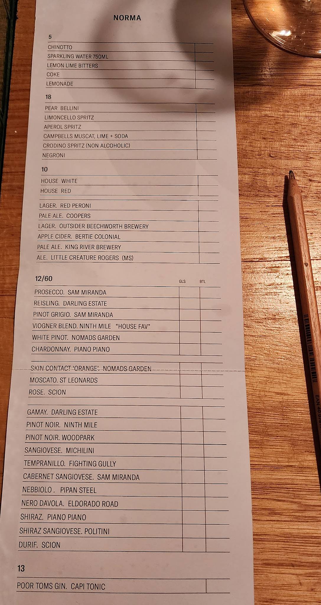 Menu at Norma restaurant, Albury