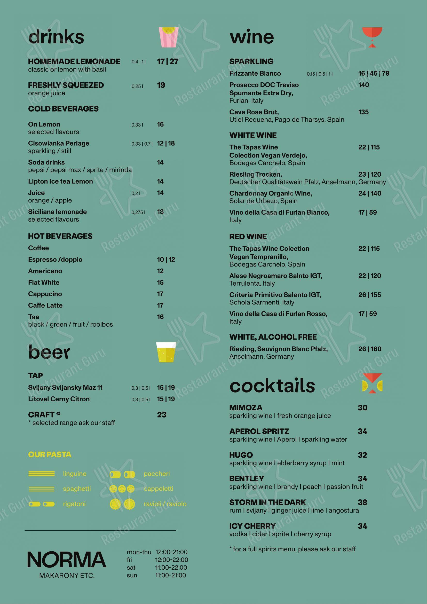 Menu at Norma - makarony etc. restaurant, Kraków
