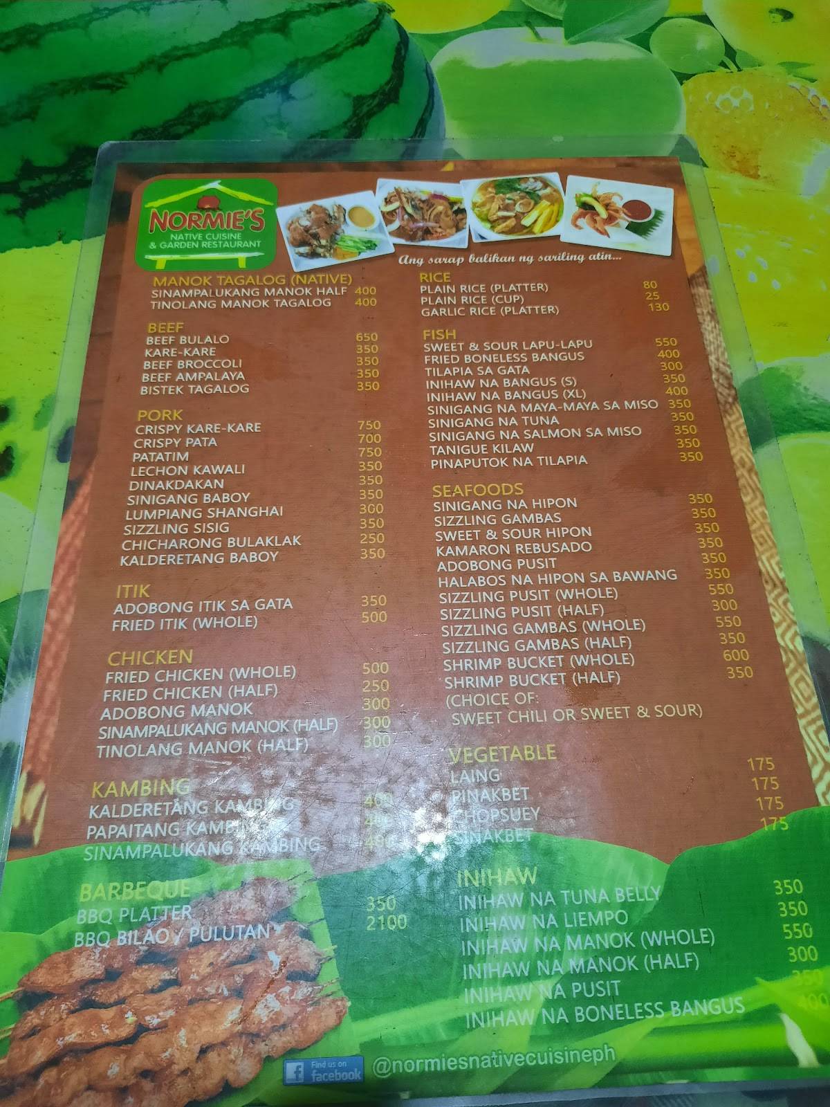 Menu at Normie's Native Cuisine & Garden Restaurant, General Trias