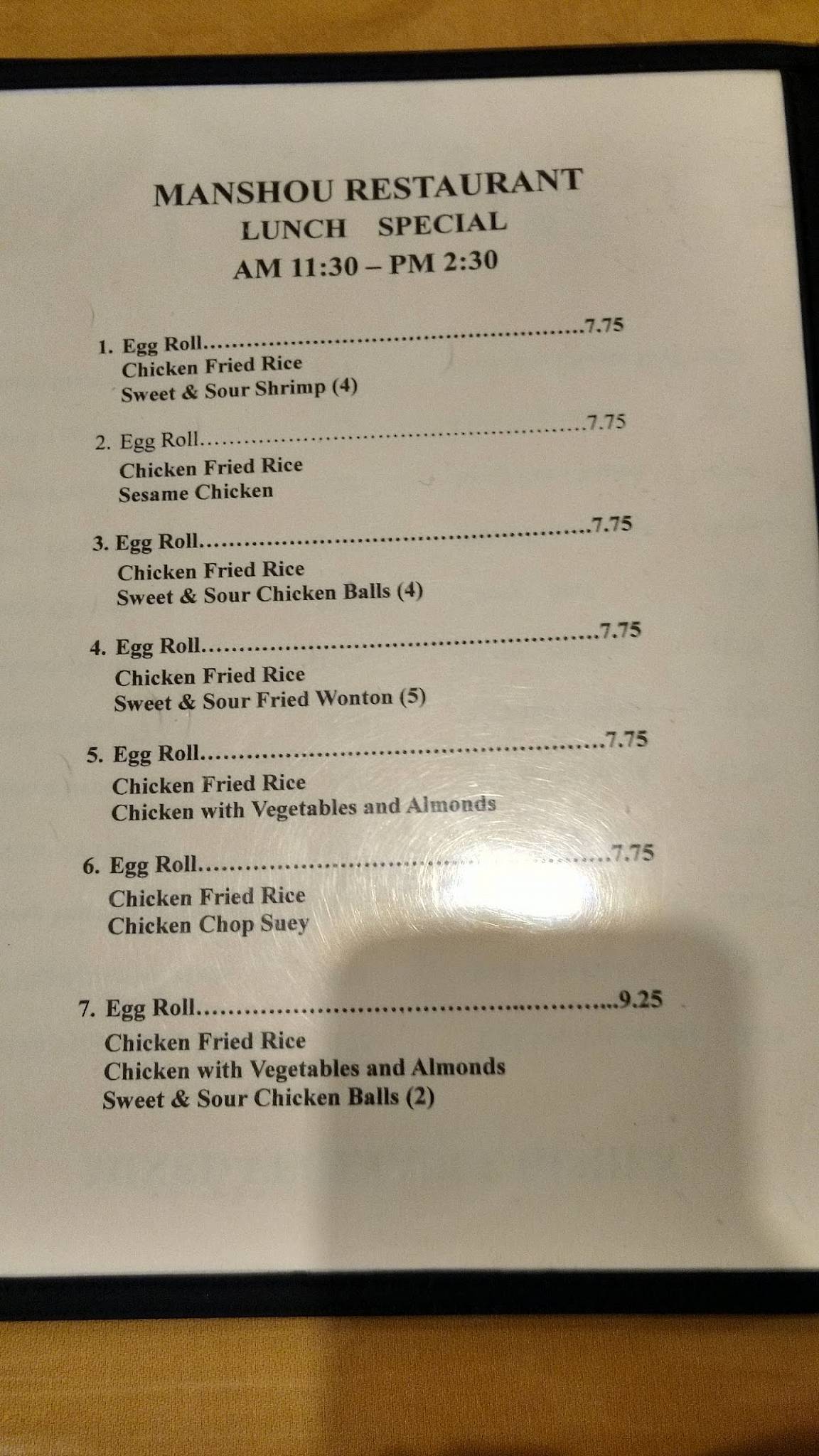 Menu at Manshou Restaurant, North Bay, 127 Lakeshore Dr