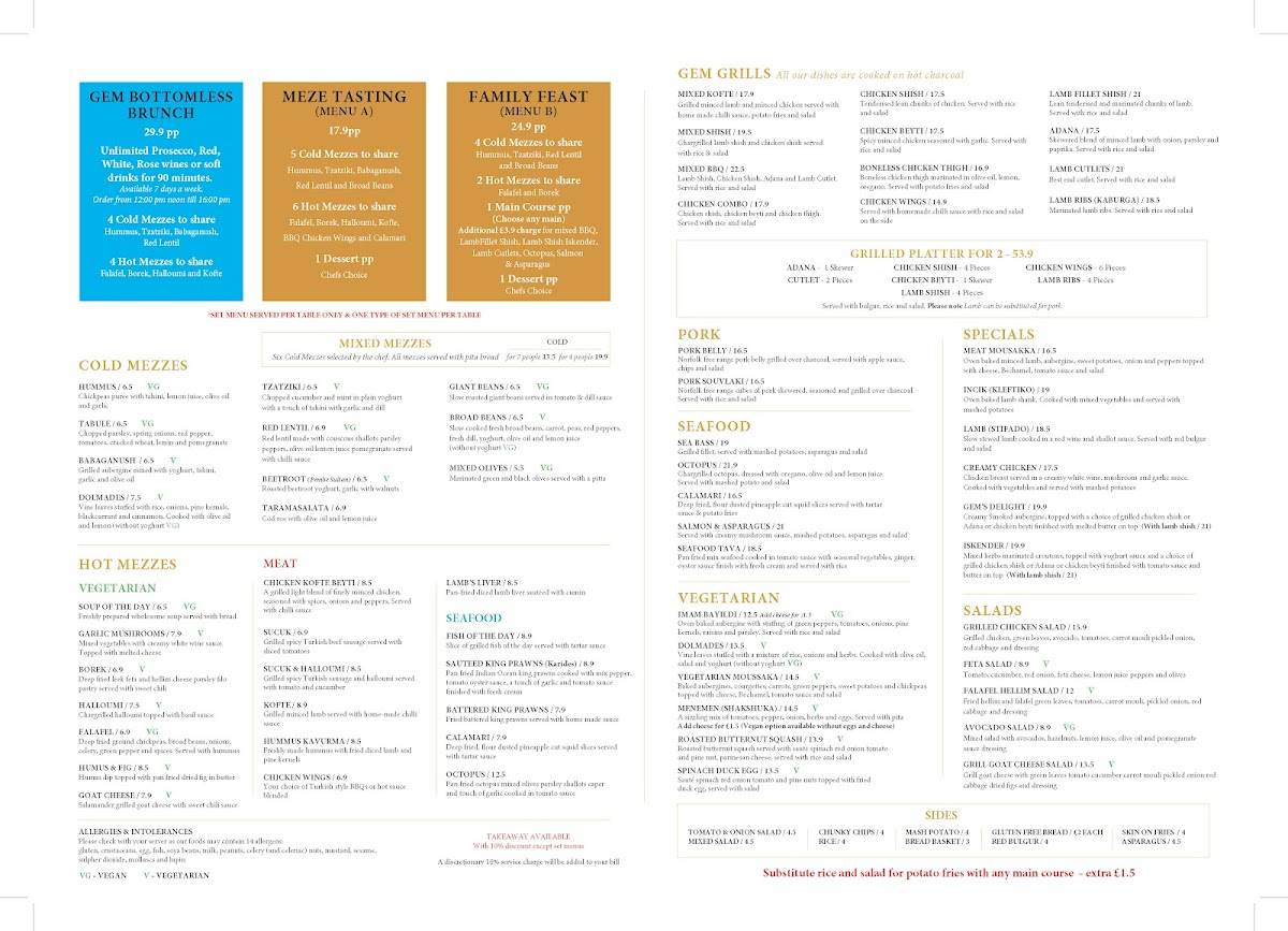 Menu at Gem of Norwich restaurant, Norwich