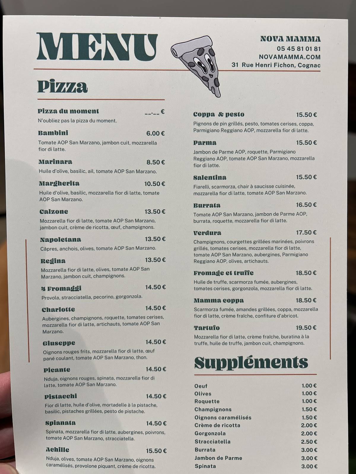 Menu au Nova mamma pizzeria, Cognac
