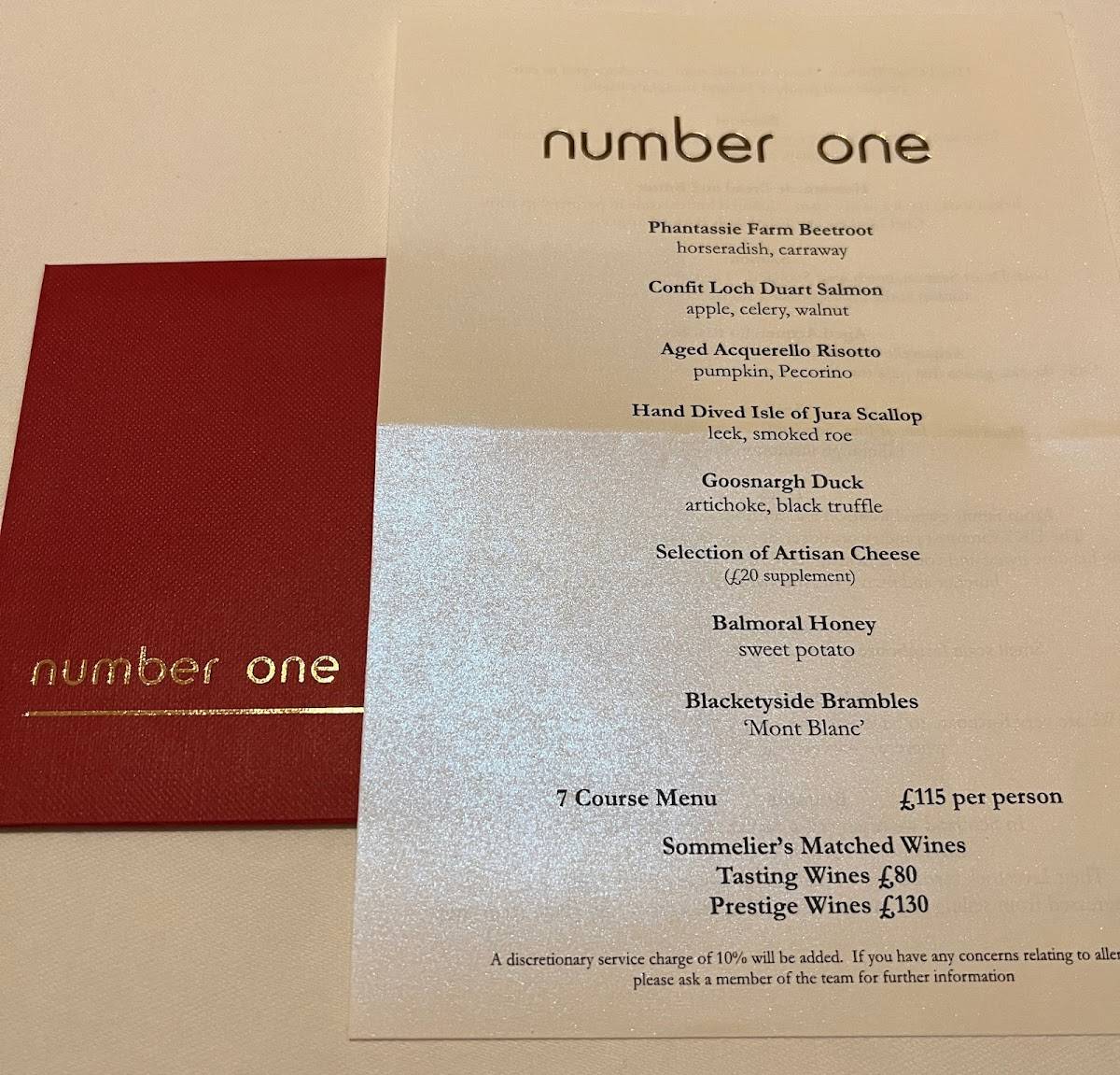 Menu at Number One restaurant, Edinburgh