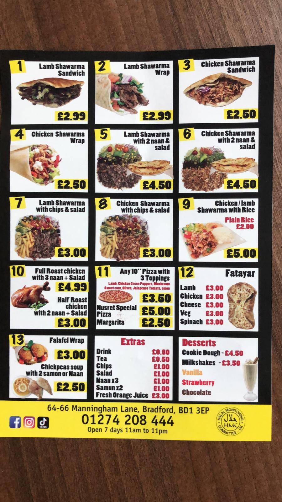 Carta del restaurante Nusret Shawarma (شاورمەی نوسرەت), Bradford