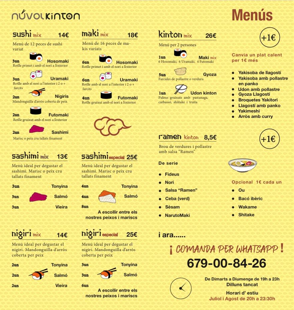 Carta del restaurante Nuvol Kinton Sushi, Montgat