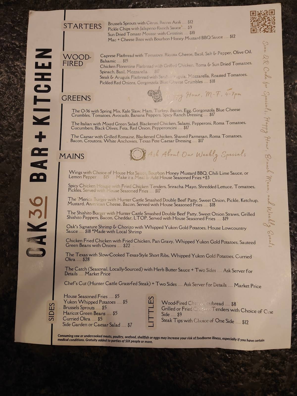 Menu at OAK 36 Bar + Kitchen, Savannah