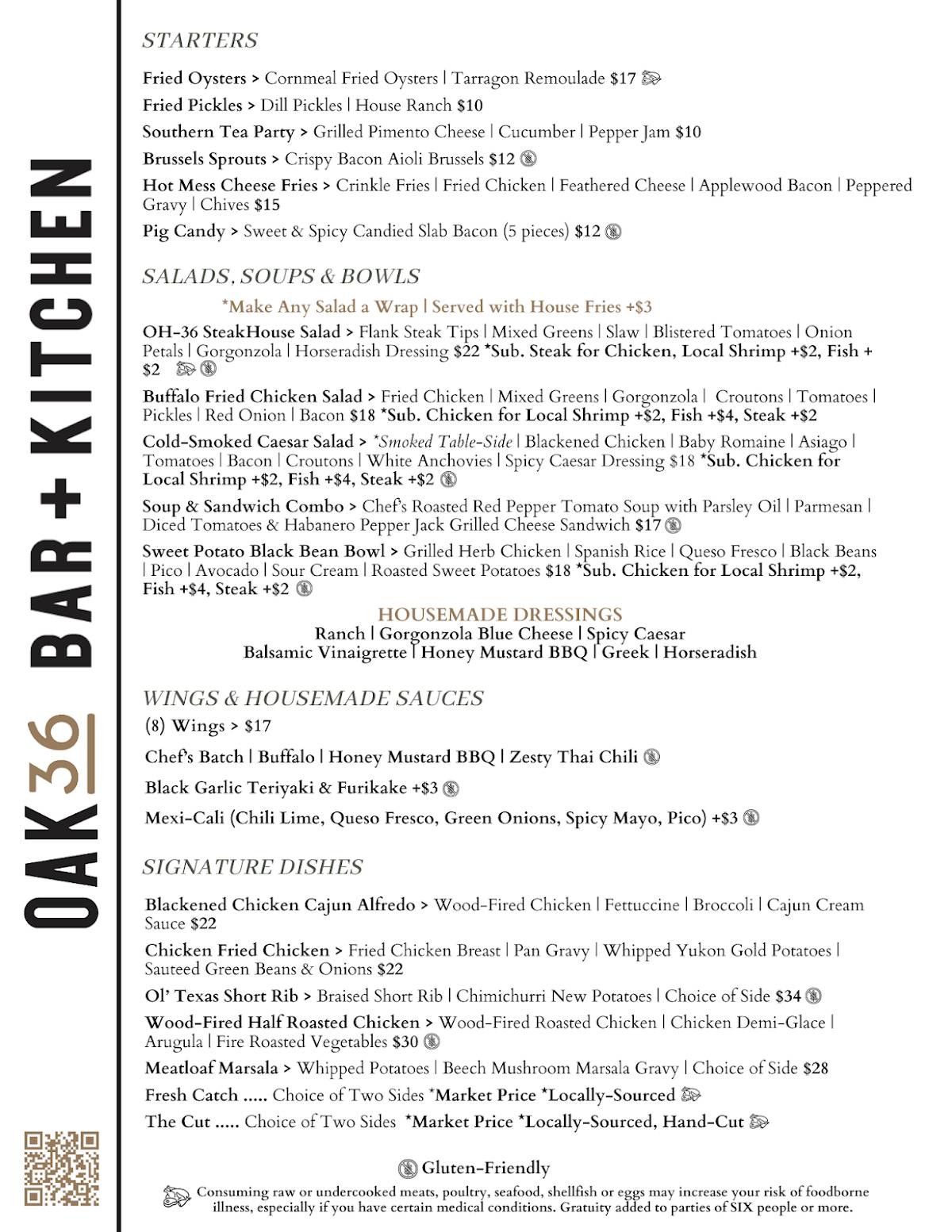 Menu at OAK 36 Bar + Kitchen, Savannah