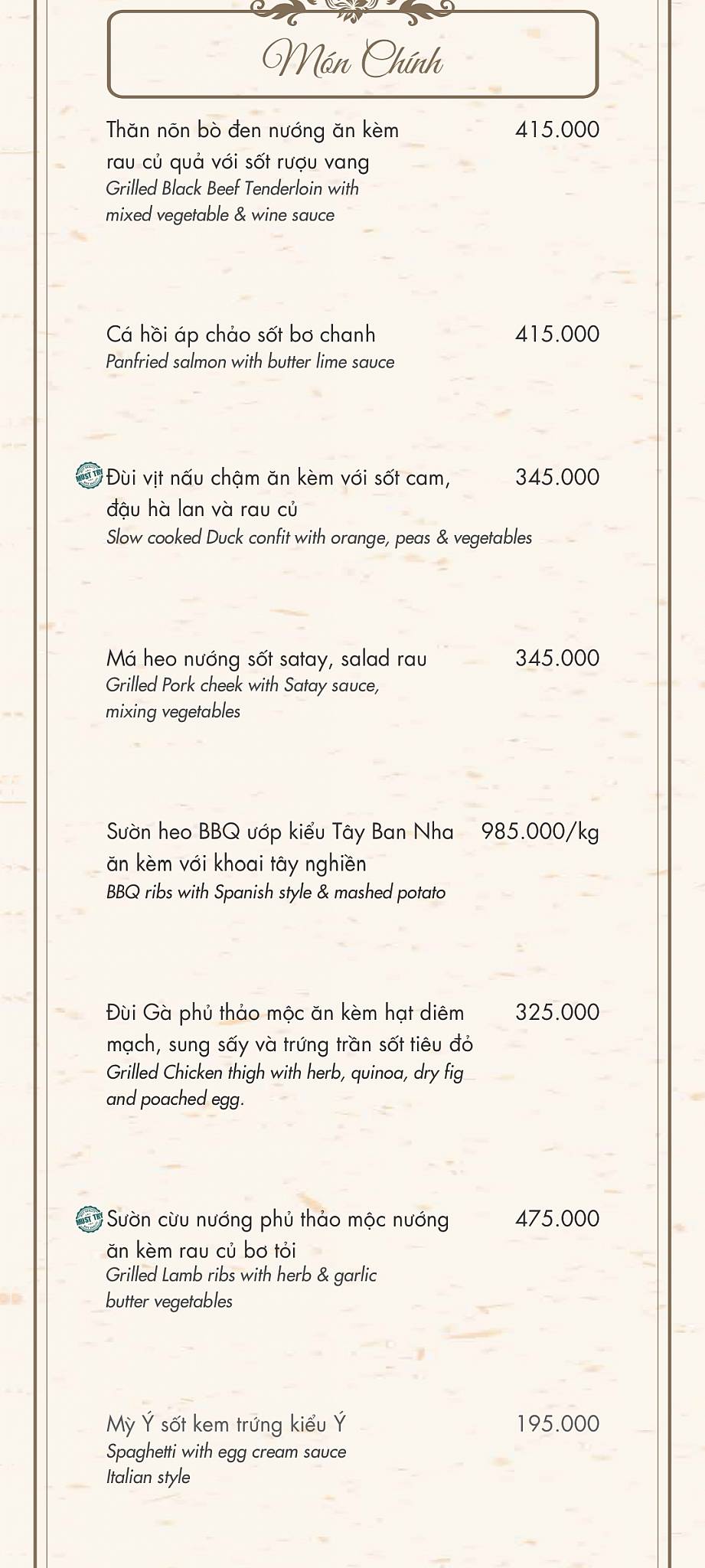 Menu at OAK Wine Boutique restaurant, Hanoi