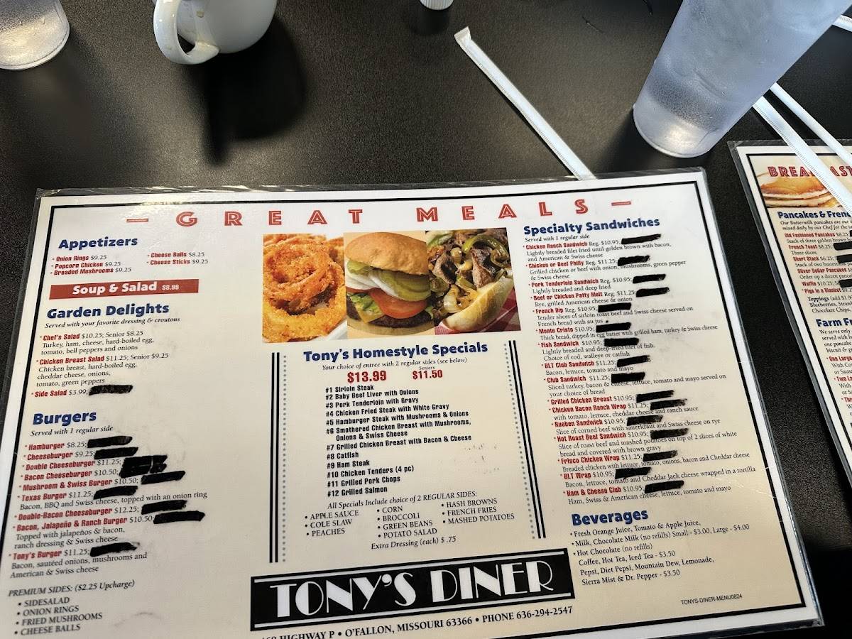 Menu at Tony’s Diner desserts, O'Fallon