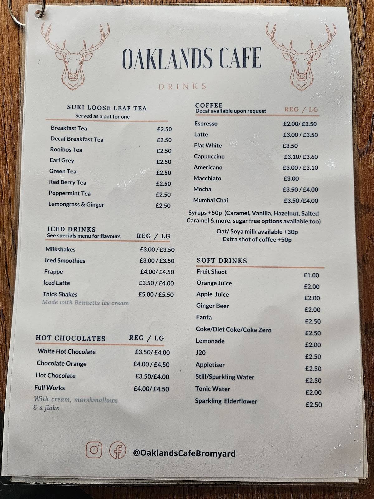 Menu at Oaklands Cafe, Bromyard
