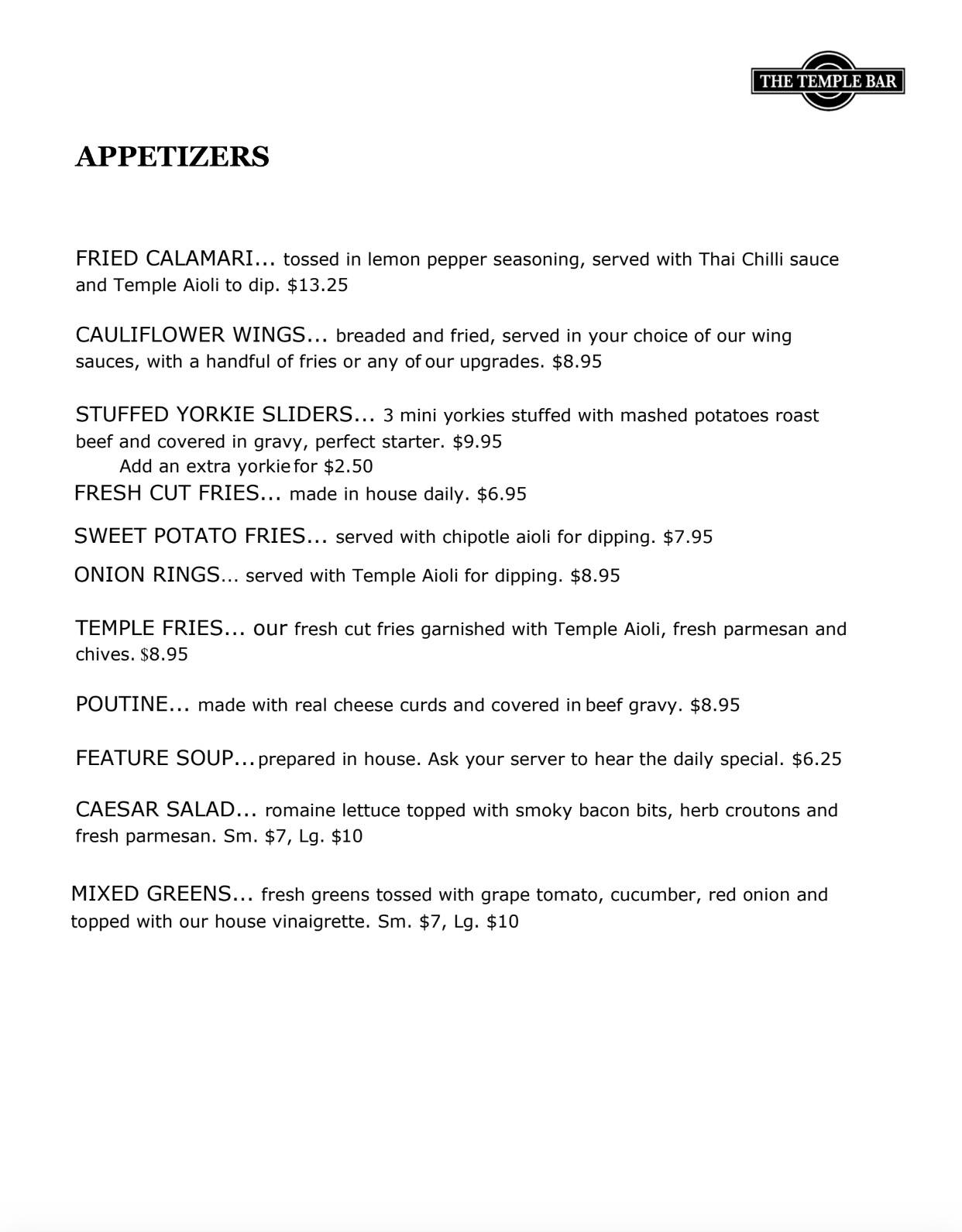 Menu au The Temple Bar, Menu, Oakville
