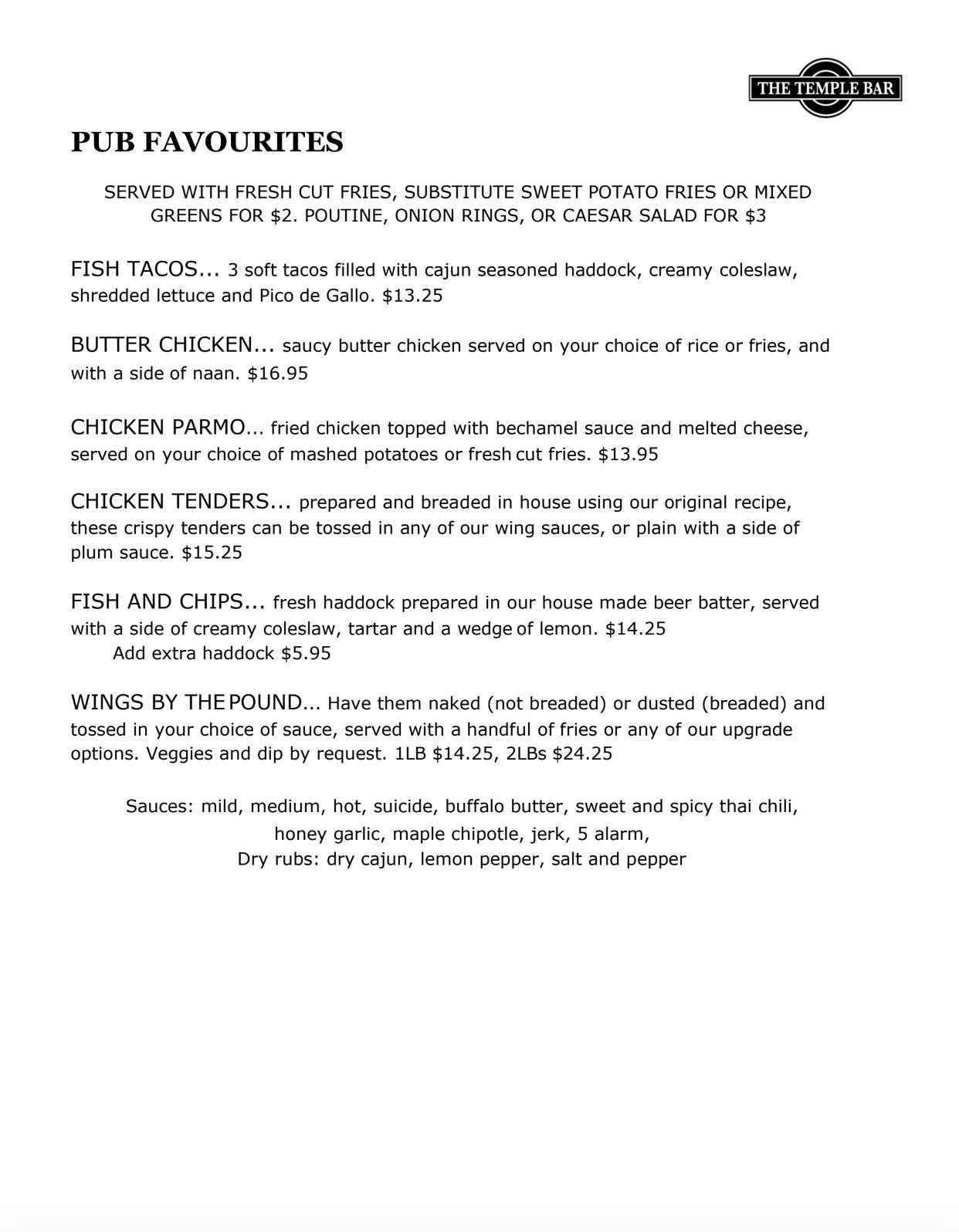 Menu au The Temple Bar, Menu, Oakville