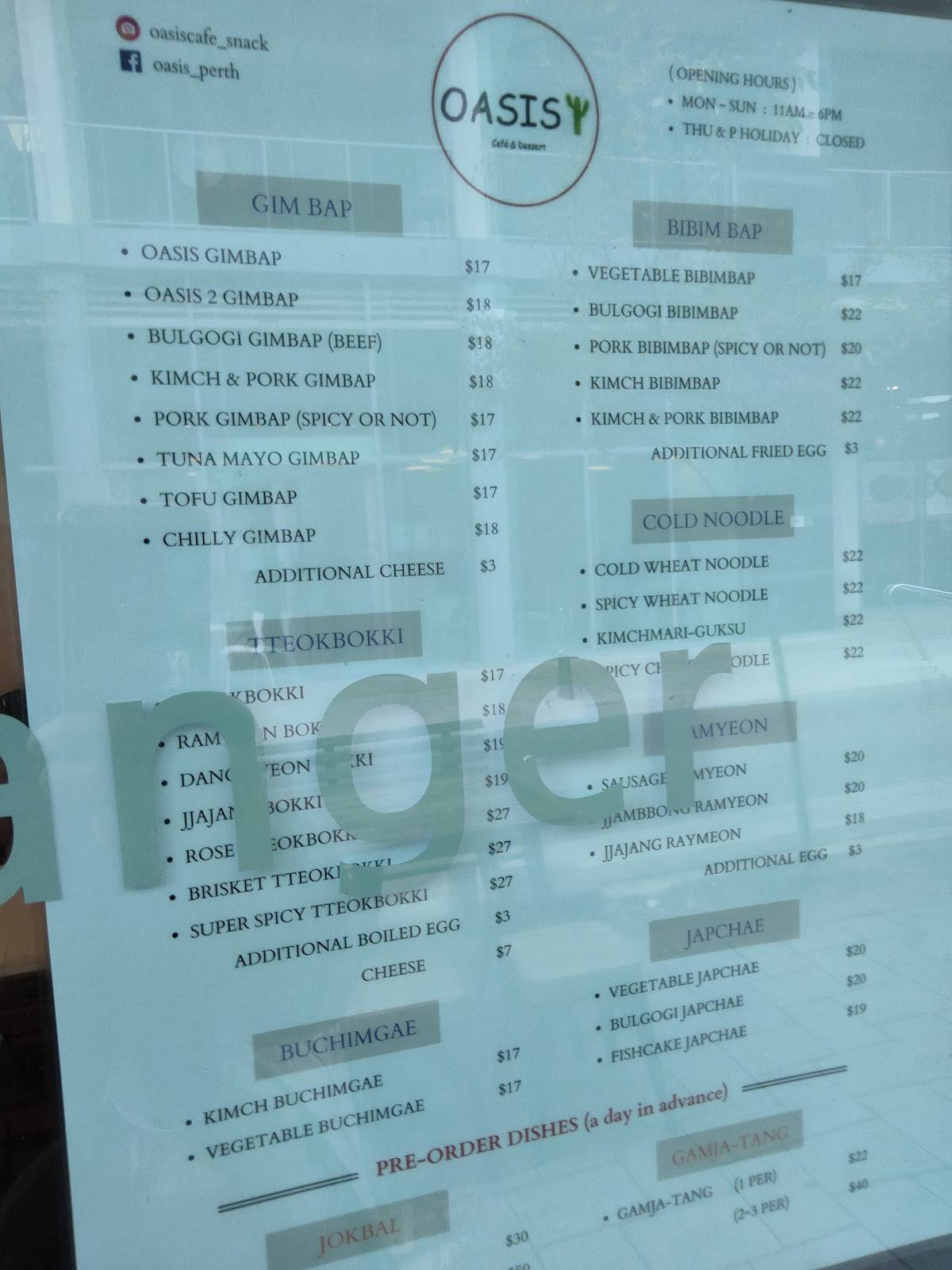 Menu at Oasis Cafe, Perth