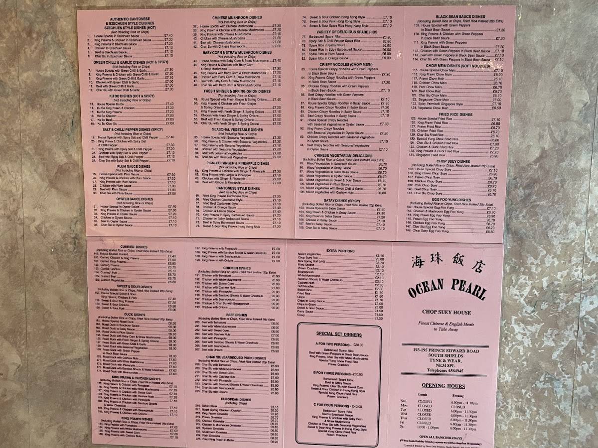 Menu at Ocean Pearl fast food, South Shields