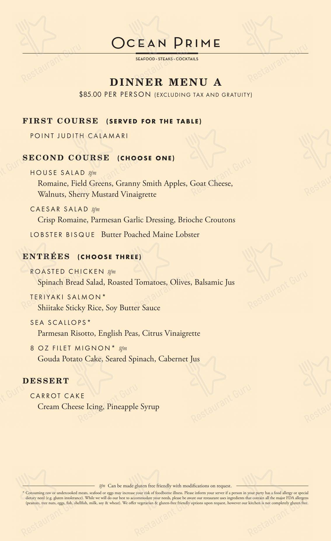 Menu at Ocean Prime Detroit steakhouse, Troy, Coolidge Hwy