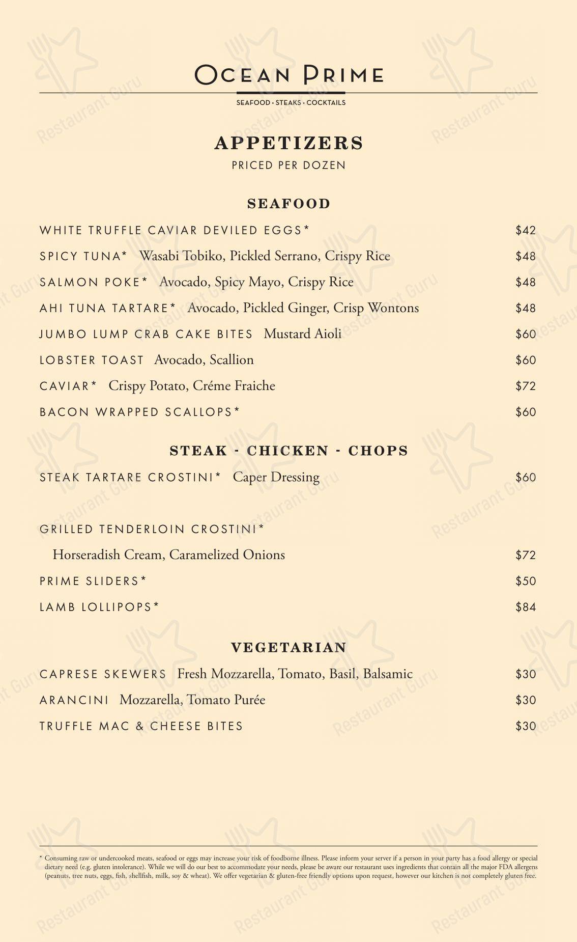 Menu at Ocean Prime Detroit steakhouse, Troy, Coolidge Hwy