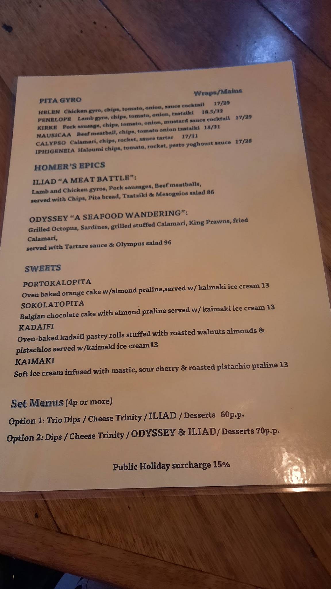 Menu at Odyssey restaurant, Elwood