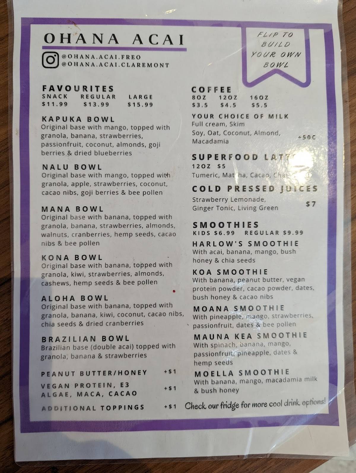Menu at Ohana Acai - Claremont restaurant, Claremont