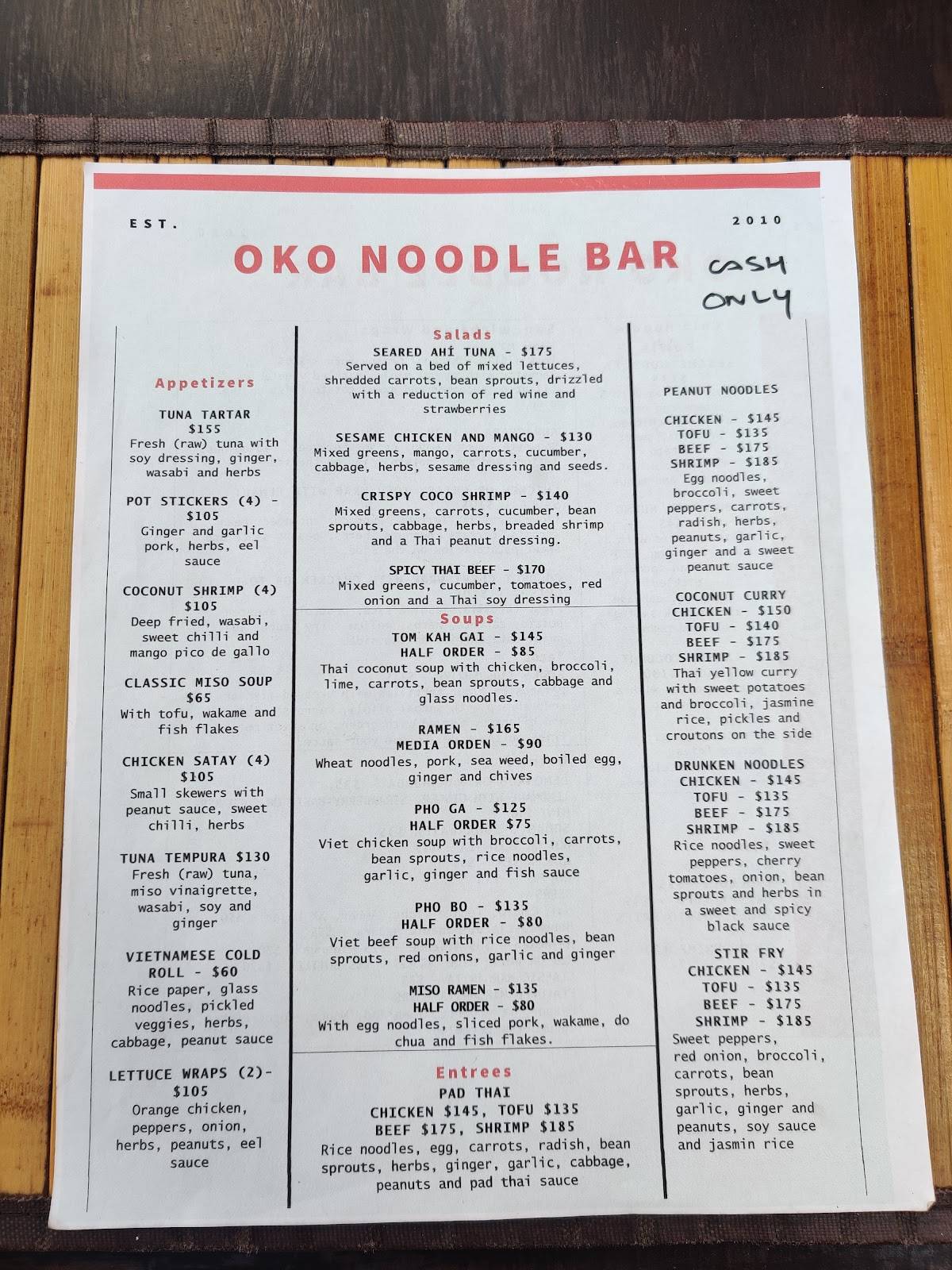 Menu at Oko Noodle Bar, San Miguel de Allende