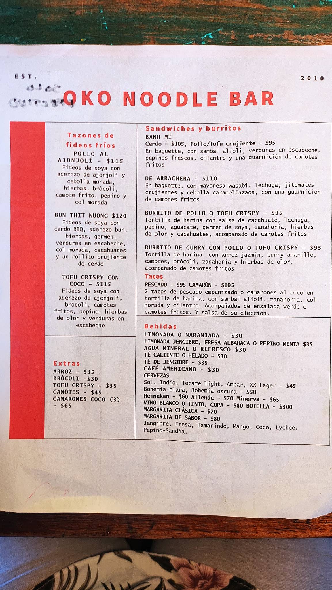 Menu at Oko Noodle Bar, San Miguel de Allende