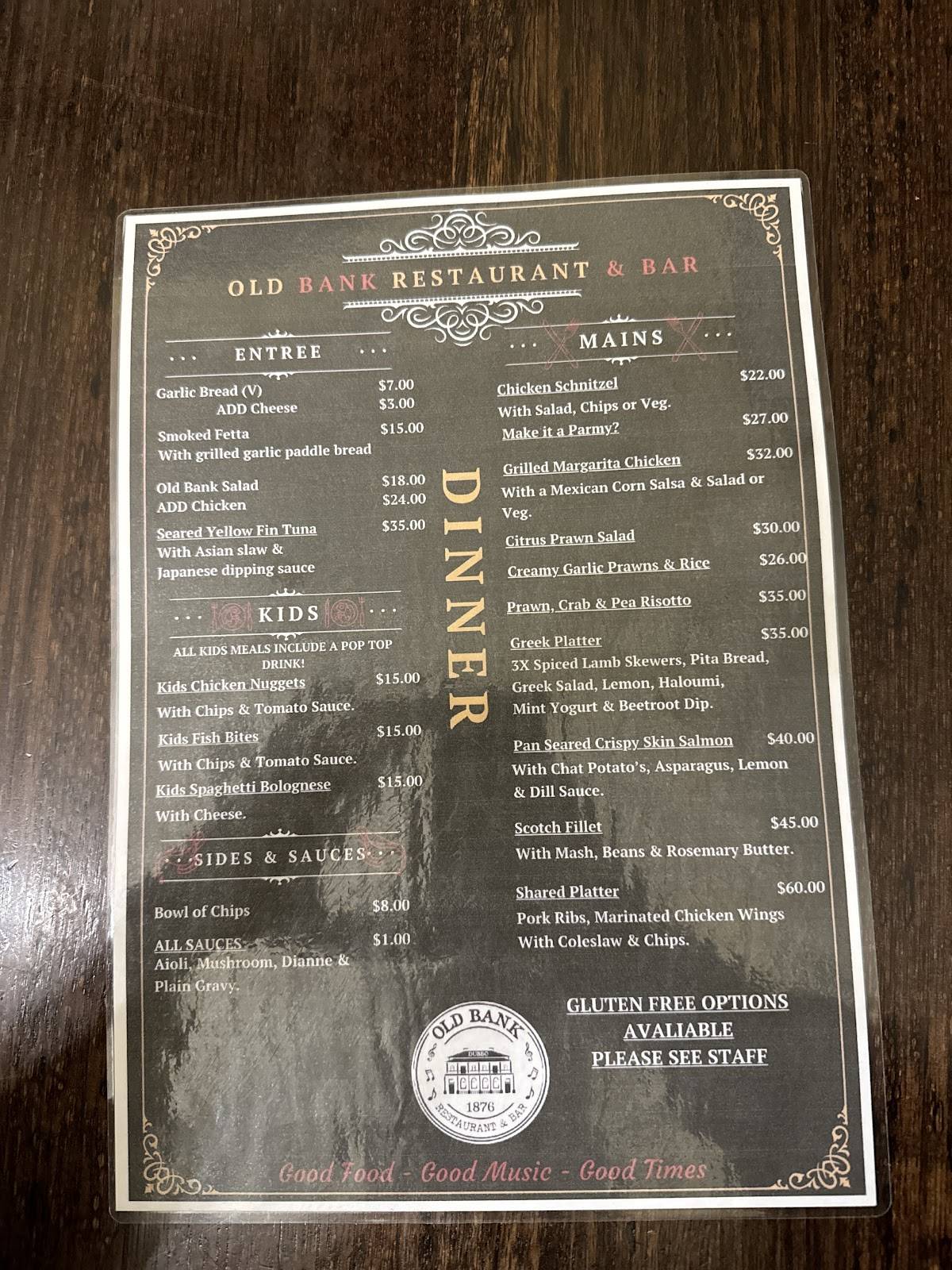 Menu at Old Bank Restaurant & Bar, Dubbo