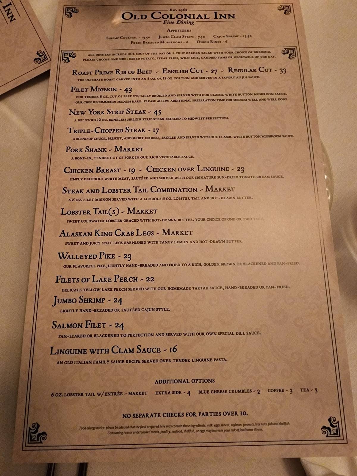 Menu at Old Colonial Inn steakhouse, Kentland